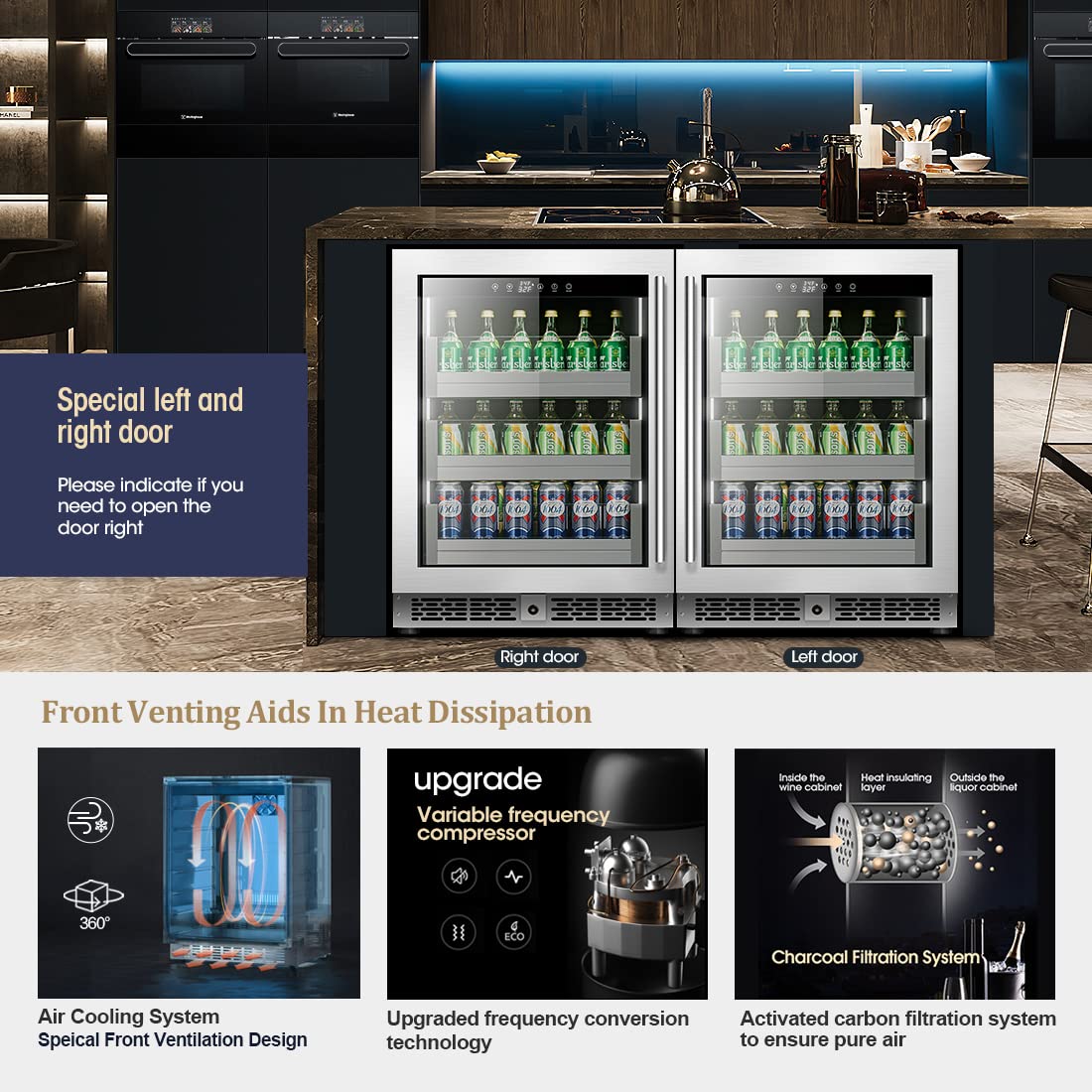 Vesgolden Undercounter Beverage Refrigerator Built-In/Freestanding 24-Inch 2-in-1 (Two) Residential Glass Door Refrigerator, Kitchen Inverter Compressor Chiller, Holds Beer, Soda, Coke