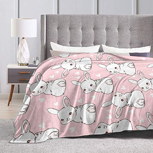 Gaseekry Blanket Hand Drawn Rabbit Bunny Heart Fleece Flannel Throw Blankets for Couch Bed Sofa Car,Cozy Soft Blanket Throw Queen King Full Size for Kids Women Adults 80"X60"