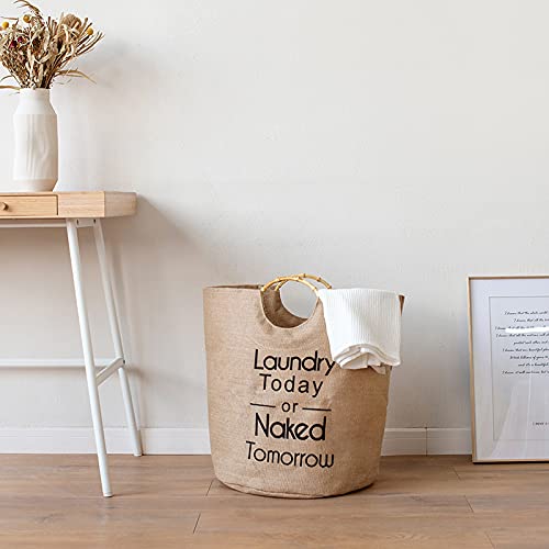 Laundry Basket Organizer Collapsible Waterproof Burlap Foldable Laundry Sorter Hamper Bin Basket for Clothes With Bamboo Handles (Brown, 19.3"(H) x 15.0" (D))