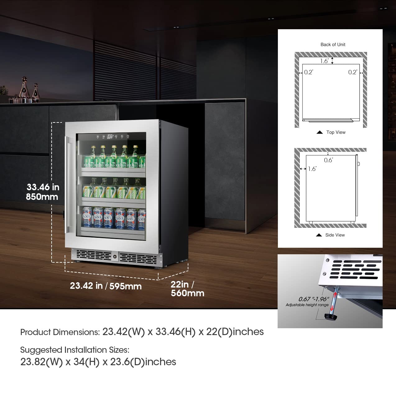 Vesgolden Undercounter Beverage Refrigerator Built-In/Freestanding 24-Inch 2-in-1 (Two) Residential Glass Door Refrigerator, Kitchen Inverter Compressor Chiller, Holds Beer, Soda, Coke