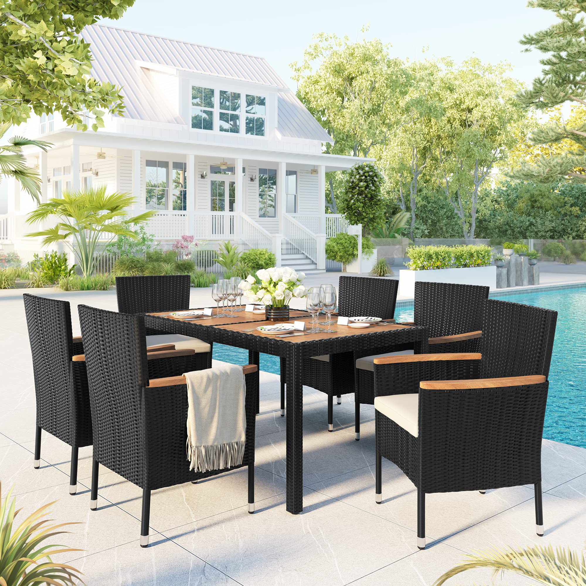 Aiuyesuo 7-Piece Outdoor Patio Dining Set, Garden PE Rattan Wicker Dining Table and Chairs Set, Acacia Wood Tabletop, Stackable Armrest Chairs with Cushions for Backyards Porches Poolside (Brown-13)
