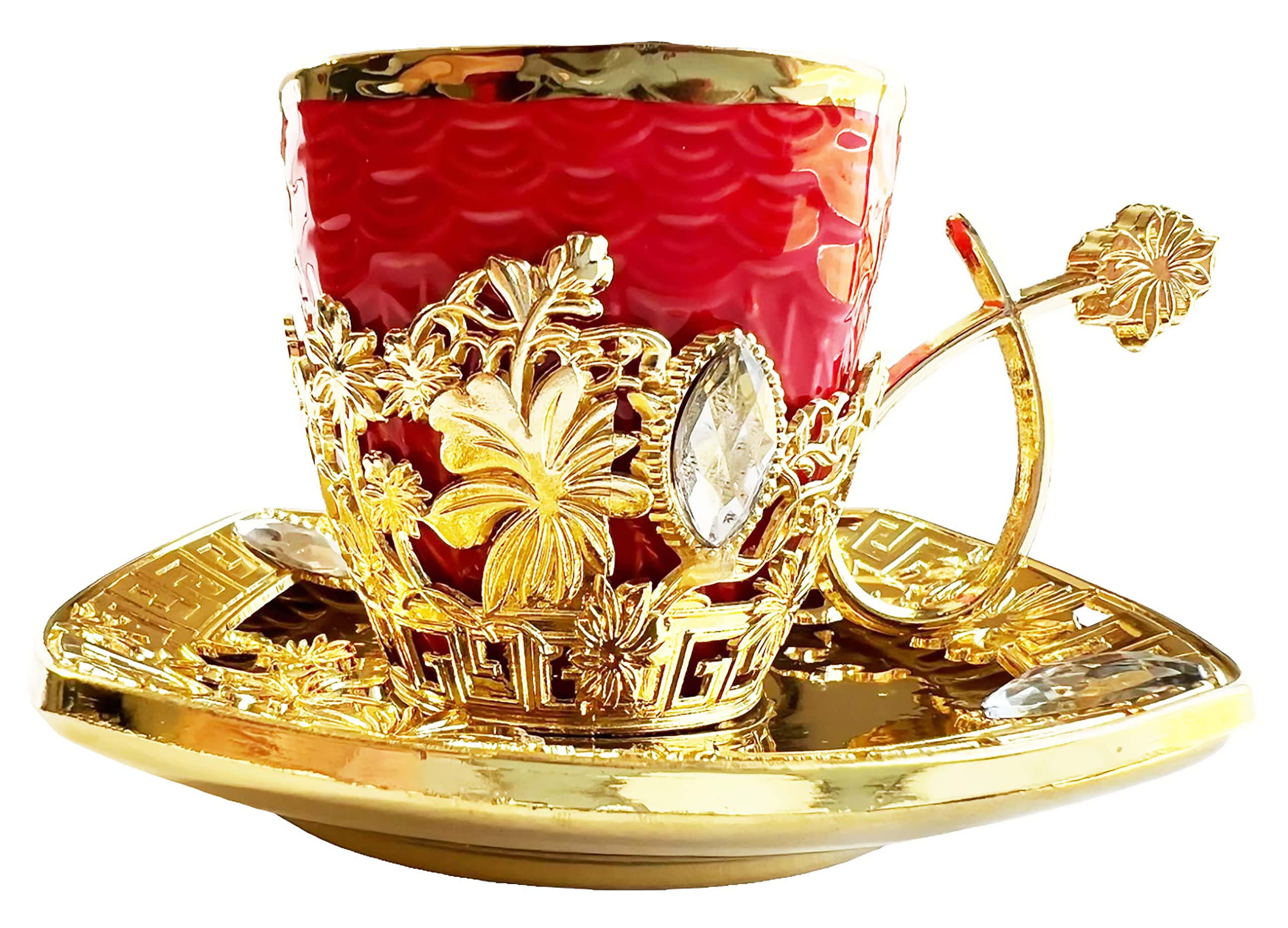 Chandler Turkish Coffee Set Espresso Greek Arabic Coffee Cup and Saucer 3 Fl oz with Gold Acrylic Gift Box Collection of 7 Colors and Designs (Red With Gold and White Gem)