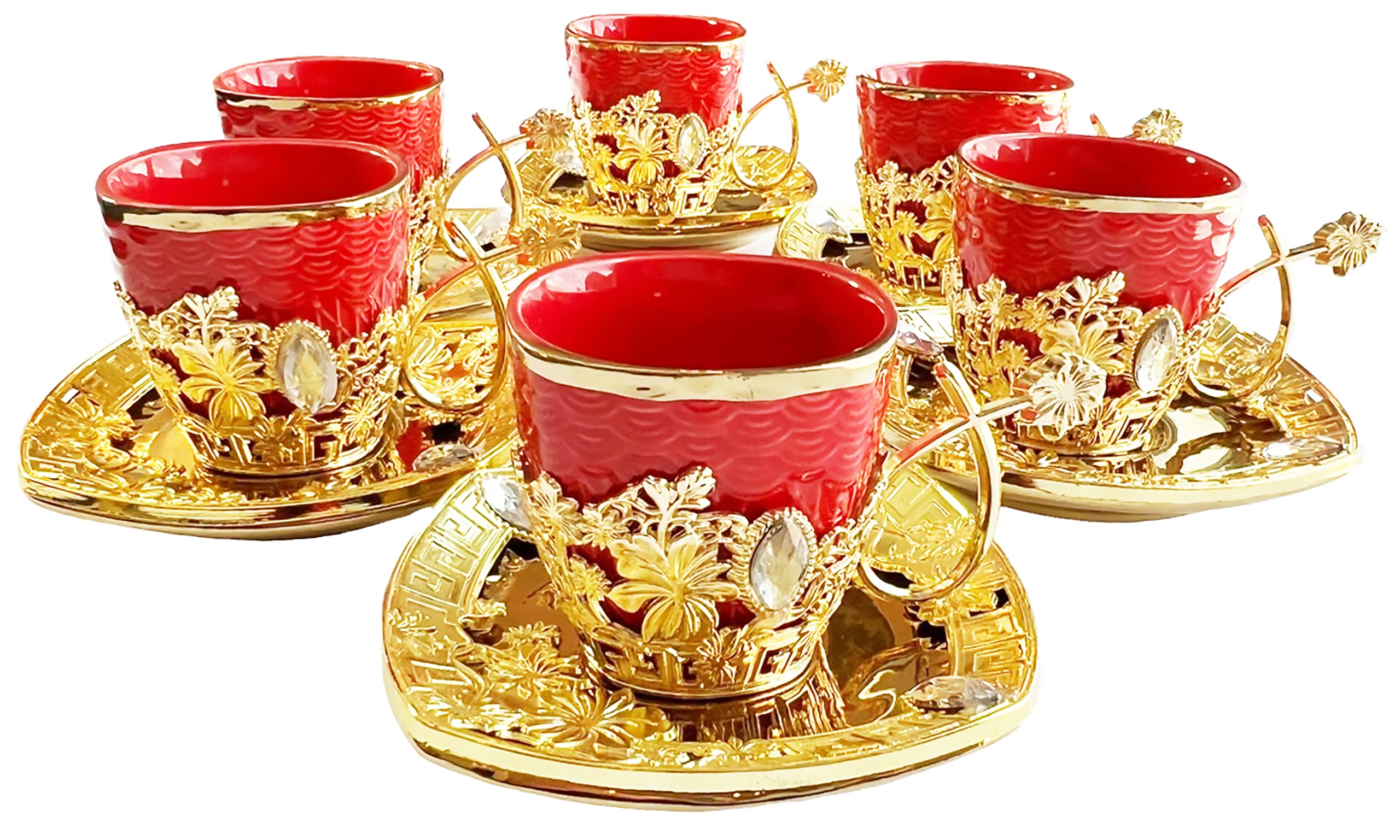 Chandler Turkish Coffee Set Espresso Greek Arabic Coffee Cup and Saucer 3 Fl oz with Gold Acrylic Gift Box Collection of 7 Colors and Designs (Red With Gold and White Gem)