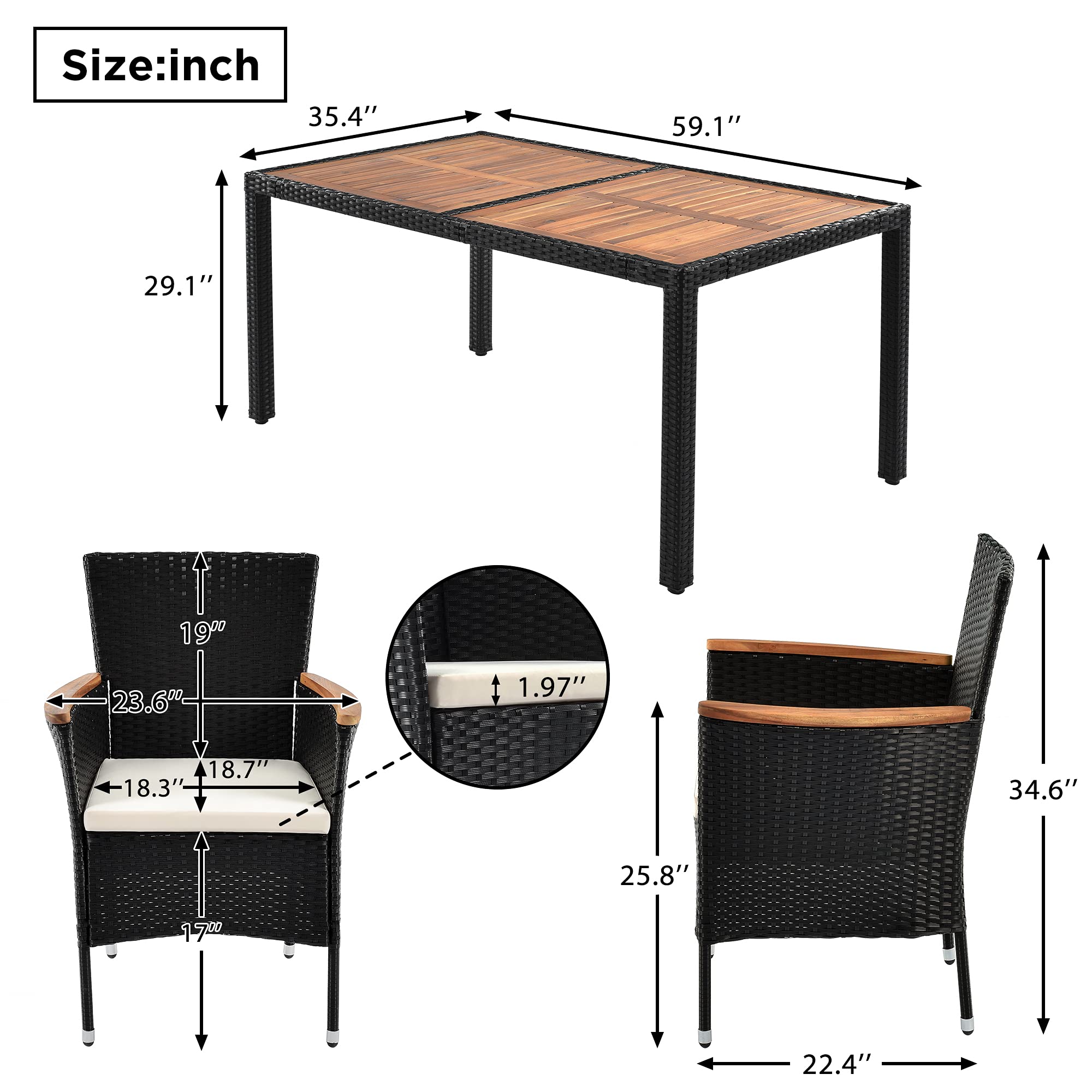 Aiuyesuo 7-Piece Outdoor Patio Dining Set, Garden PE Rattan Wicker Dining Table and Chairs Set, Acacia Wood Tabletop, Stackable Armrest Chairs with Cushions for Backyards Porches Poolside (Brown-13)