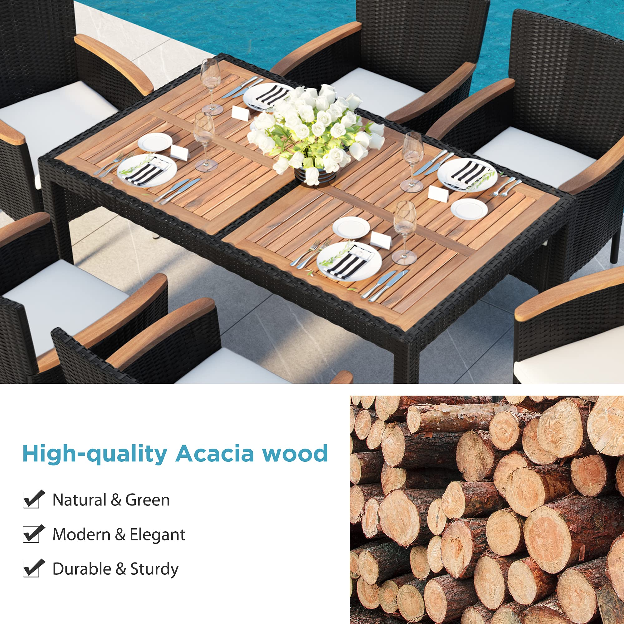 Aiuyesuo 7-Piece Outdoor Patio Dining Set, Garden PE Rattan Wicker Dining Table and Chairs Set, Acacia Wood Tabletop, Stackable Armrest Chairs with Cushions for Backyards Porches Poolside (Brown-13)