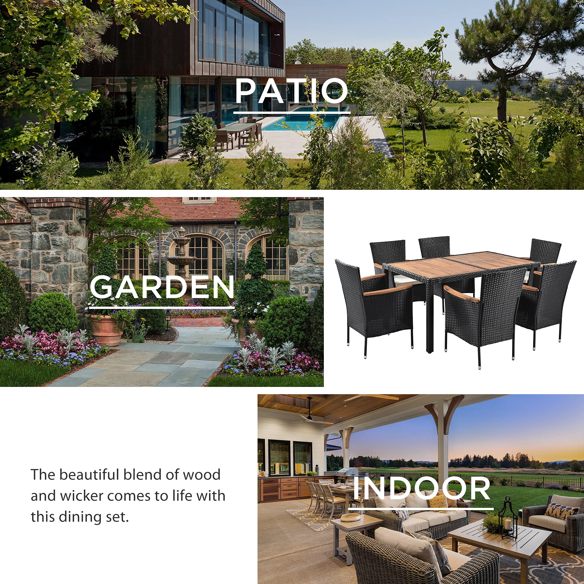 Aiuyesuo 7-Piece Outdoor Patio Dining Set, Garden PE Rattan Wicker Dining Table and Chairs Set, Acacia Wood Tabletop, Stackable Armrest Chairs with Cushions for Backyards Porches Poolside (Brown-13)