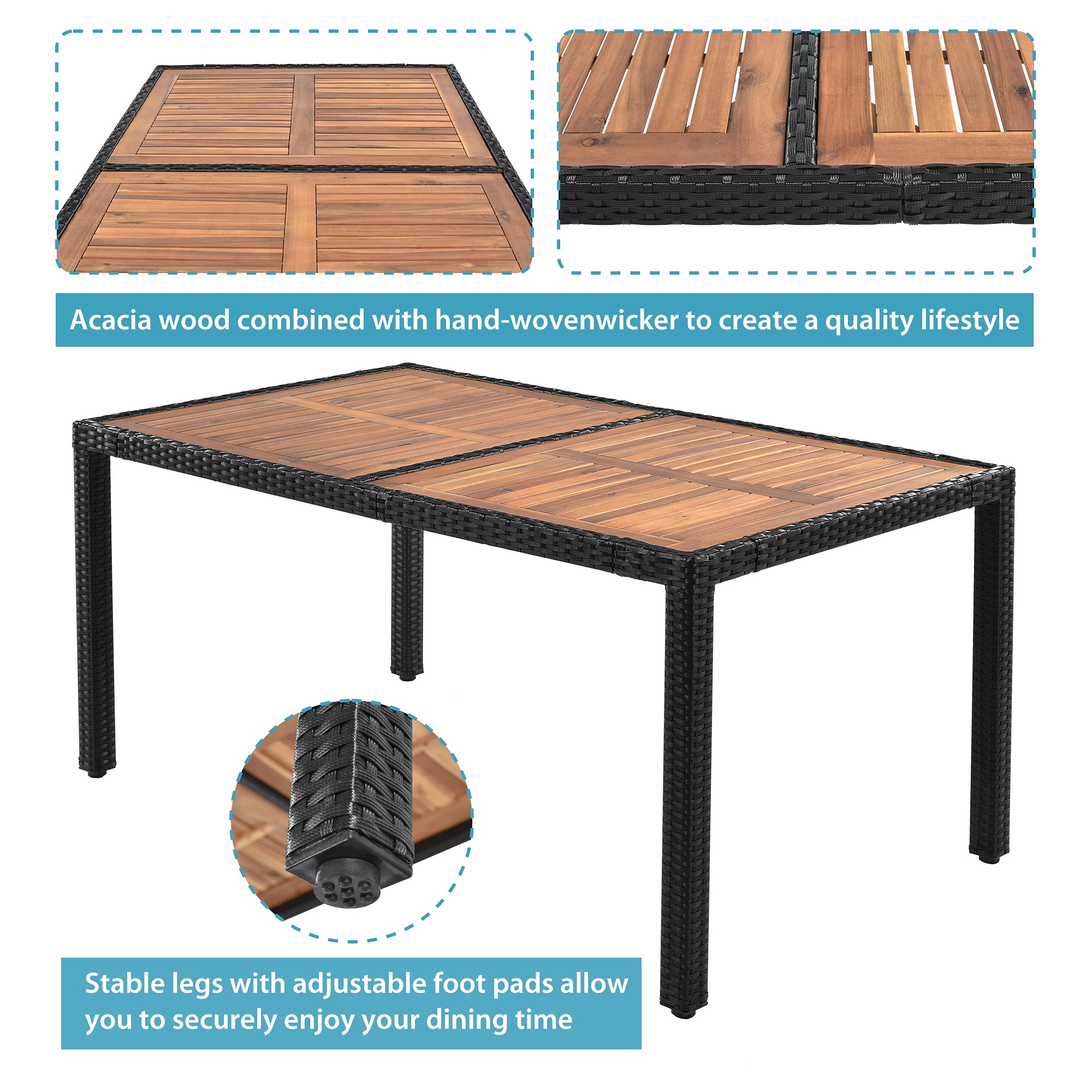 Aiuyesuo 7-Piece Outdoor Patio Dining Set, Garden PE Rattan Wicker Dining Table and Chairs Set, Acacia Wood Tabletop, Stackable Armrest Chairs with Cushions for Backyards Porches Poolside (Brown-13)