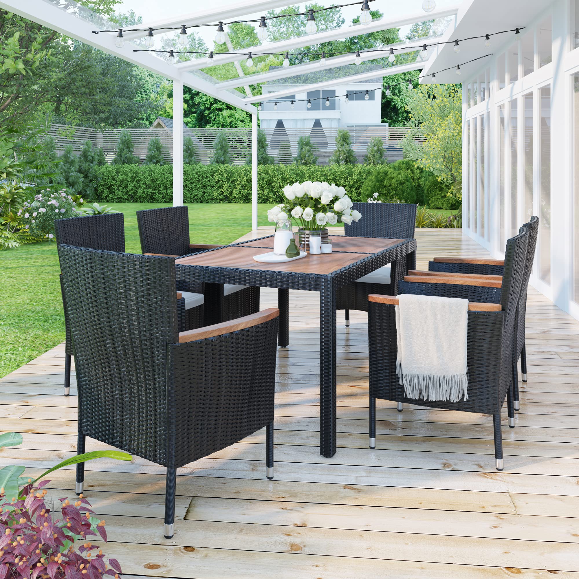 Aiuyesuo 7-Piece Outdoor Patio Dining Set, Garden PE Rattan Wicker Dining Table and Chairs Set, Acacia Wood Tabletop, Stackable Armrest Chairs with Cushions for Backyards Porches Poolside (Brown-13)