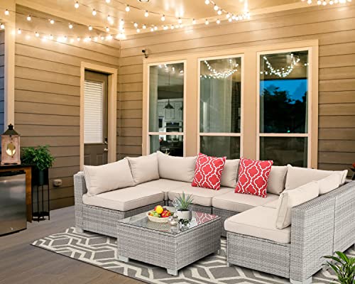 BPTD 7 Piece Patio Furniture Sets Outdoor Sectional Sofa Rattan Patio Conversation Set PE Rattan Wicker Outside Couch with Table and Cushions for Porch Lawn Garden Backyard (Sandy Brown)