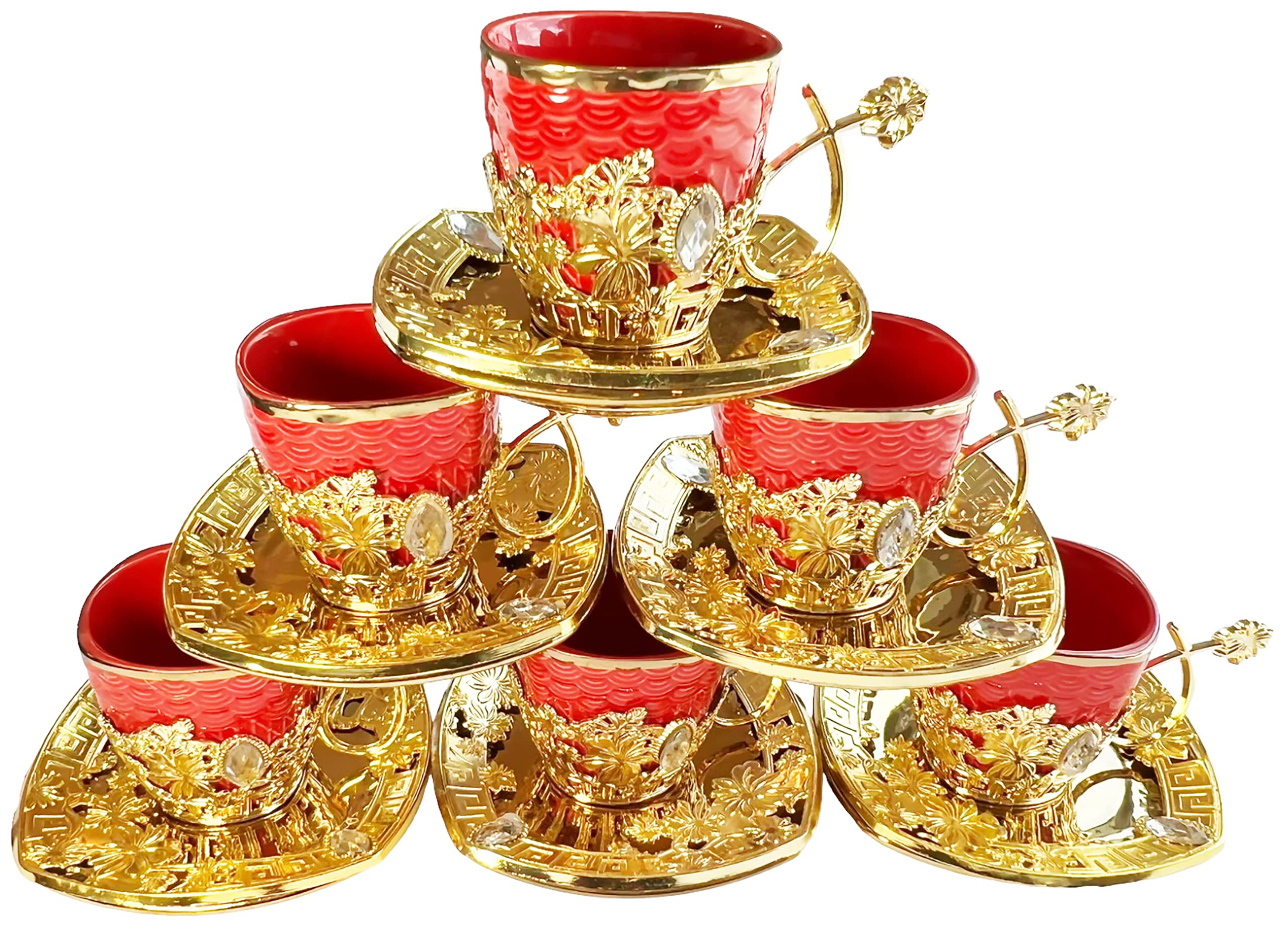 Chandler Turkish Coffee Set Espresso Greek Arabic Coffee Cup and Saucer 3 Fl oz with Gold Acrylic Gift Box Collection of 7 Colors and Designs (Red With Gold and White Gem)