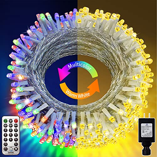 200 LED 66ft Christmas Lights Color Changing String Lights Outdoor, Clear Wire String Light 11 Modes with Remote for Xmas Tree Trunk Yard Porch Deck Wedding Party Decorations Warm White to Multicolor