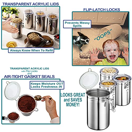 HOMEARRAY Stainless Steel Canister Set - Airtight Food Storage Canisters for Kitchen Counters, Tea, Sugar, Flour, Coffee Sealable Jars with Locking Clamp - Set of 4