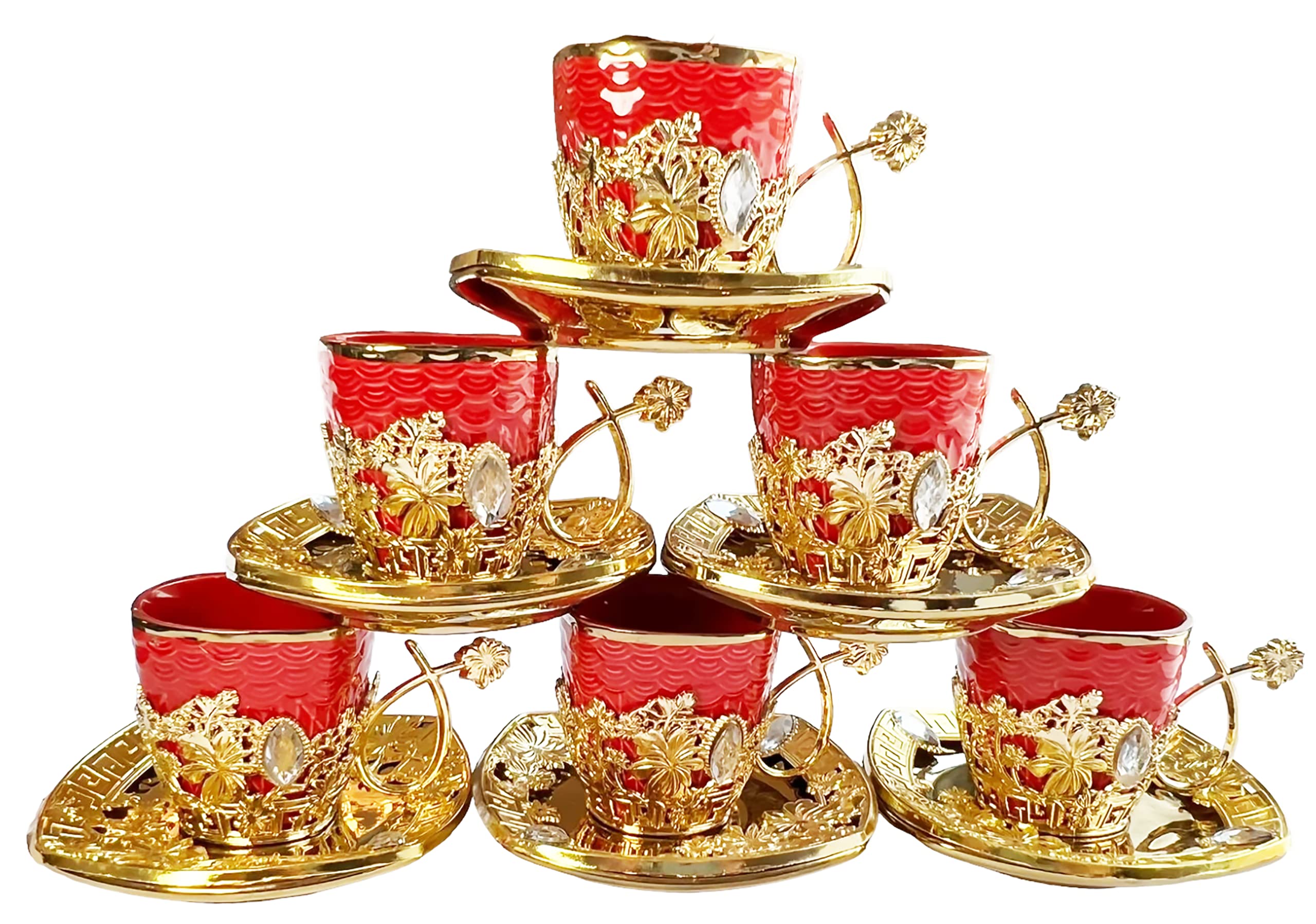 Chandler Turkish Coffee Set Espresso Greek Arabic Coffee Cup and Saucer 3 Fl oz with Gold Acrylic Gift Box Collection of 7 Colors and Designs (Red With Gold and White Gem)