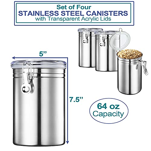 HOMEARRAY Stainless Steel Canister Set - Airtight Food Storage Canisters for Kitchen Counters, Tea, Sugar, Flour, Coffee Sealable Jars with Locking Clamp - Set of 4