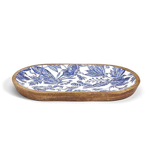 Two's Company Blue Batik Hand-Crafted Wood Oval Platter