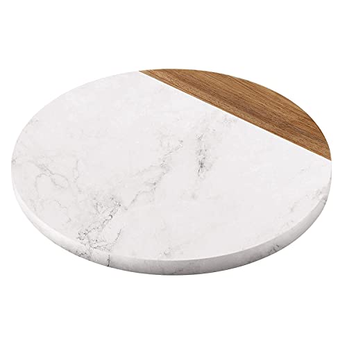 Flexzion Round Marble Cheese Board - 11 Inch White Marble and Wood Cheese Board for Charcuterie, Cheese, Cutting, Pastry, Trivet - Non-Stick and Heat Resistant Marble Board