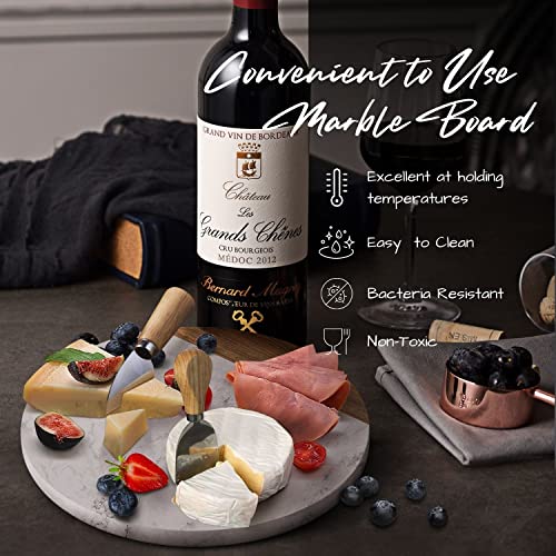 Flexzion Round Marble Cheese Board - 11 Inch White Marble and Wood Cheese Board for Charcuterie, Cheese, Cutting, Pastry, Trivet - Non-Stick and Heat Resistant Marble Board