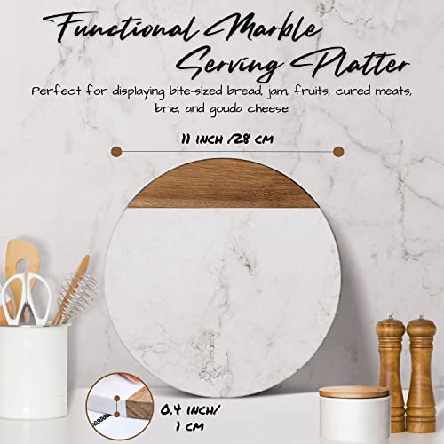 Flexzion Round Marble Cheese Board - 11 Inch White Marble and Wood Cheese Board for Charcuterie, Cheese, Cutting, Pastry, Trivet - Non-Stick and Heat Resistant Marble Board