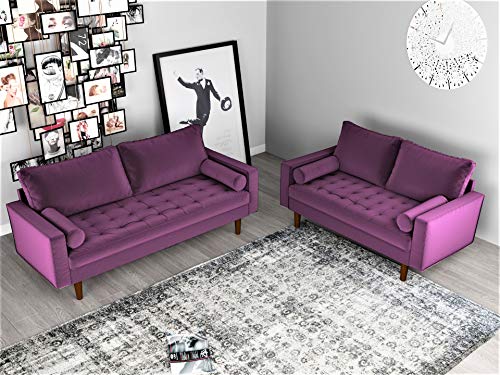 Container Furniture Direct Womble Modern Velvet Upholstered Living Room Diamond Tufted Chesterfield Sofa with Gleaming Nailheads, Purple