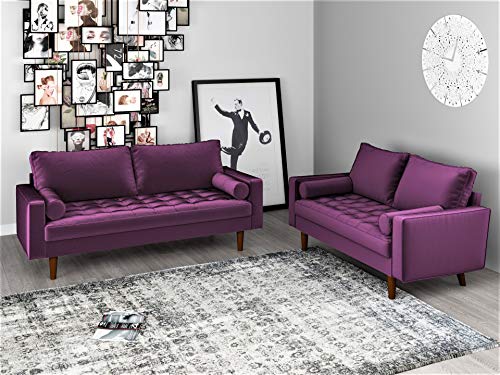 Container Furniture Direct Womble Modern Velvet Upholstered Living Room Diamond Tufted Chesterfield Sofa with Gleaming Nailheads, Purple