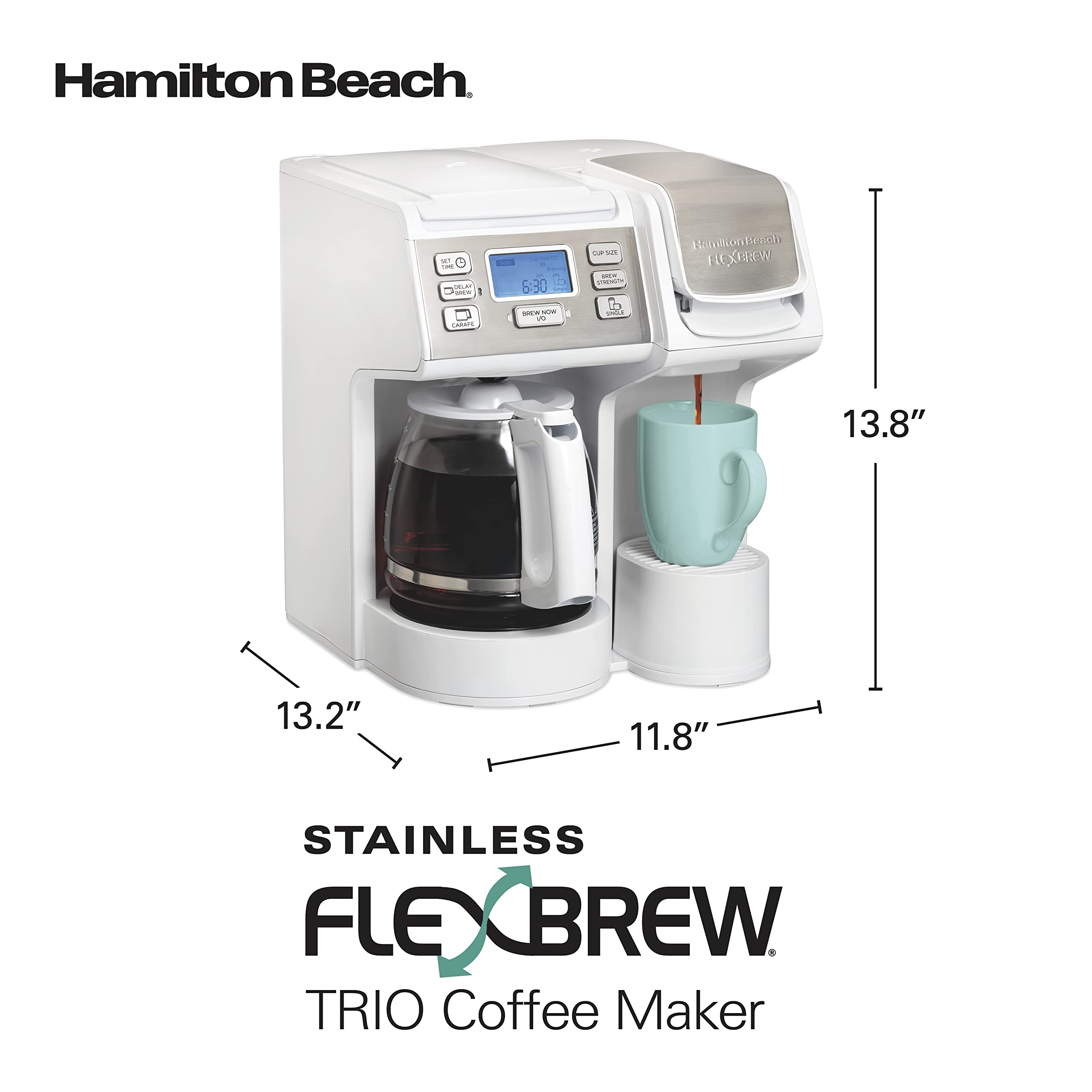 Hamilton Beach FlexBrew Trio 2-Way Coffee Maker, Compatible with K-Cup Pods or Grounds, Single Serve & Full 12c Pot, White with Stainless Steel Accents, Fast Brewing