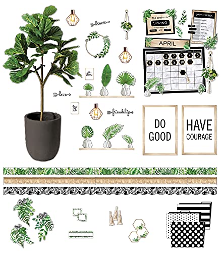 Schoolgirl Style Simply Boho Classroom Decor Bundle, Boho Decor, Classroom Calendar, Bulletin Board Paper, Boho Plants, Name Tag, Name Plate, Motivational Poster and White & Black Folder Sets (353 pc)