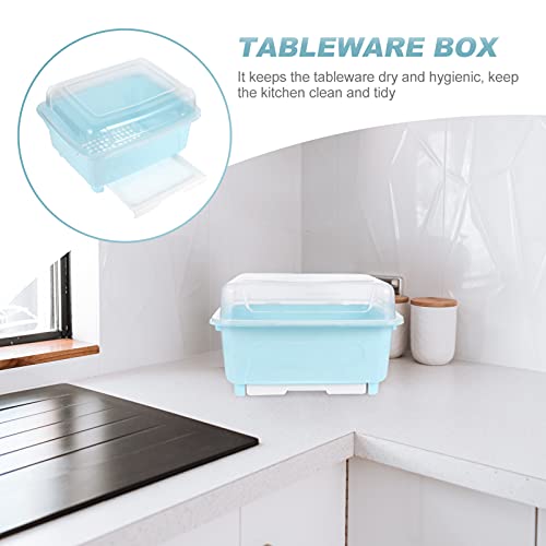 Hemoton Dish Drying Rack with Lid Cover Nursing Bottle Holder Kitchen Plate Cup Dish Drying Rack Tray Cutlery Dish Drainer Kitchen Cabinet Organizer Blue