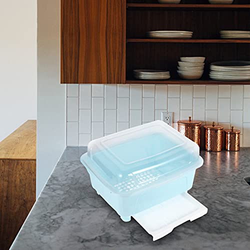 Hemoton Dish Drying Rack with Lid Cover Nursing Bottle Holder Kitchen Plate Cup Dish Drying Rack Tray Cutlery Dish Drainer Kitchen Cabinet Organizer Blue