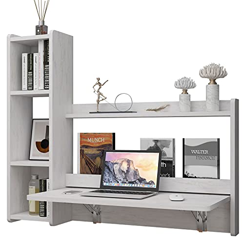 Pmnianhua Floating Desk,Wall Mounted Laptop Computer Desk Folding Wall Table Desk Workstation with Storage Shelves for Wall Bedroom Small Space (Grayish-White-Left)
