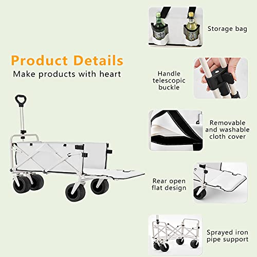 Back Open Folding Garden Utility Wagon With Table, Collapsible Outdoor Small Grocery Carts, 551Lbs Weight Capacity For Shopping & Storage, With 360 Degree Swivel Wheel,White