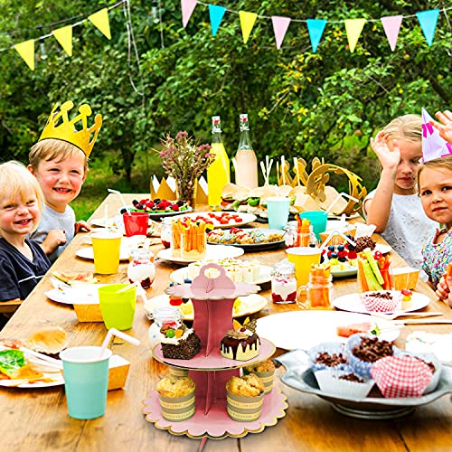 Cupcake Stand,3 Set of 3-Tier Dessert Plates Mini Cakes Fruit Candy Display Tower Cookie Tray Rack Candy Buffet Holder Cake Stand Cardboard Cupcake Stand Tiered Serving Stand (Pink)