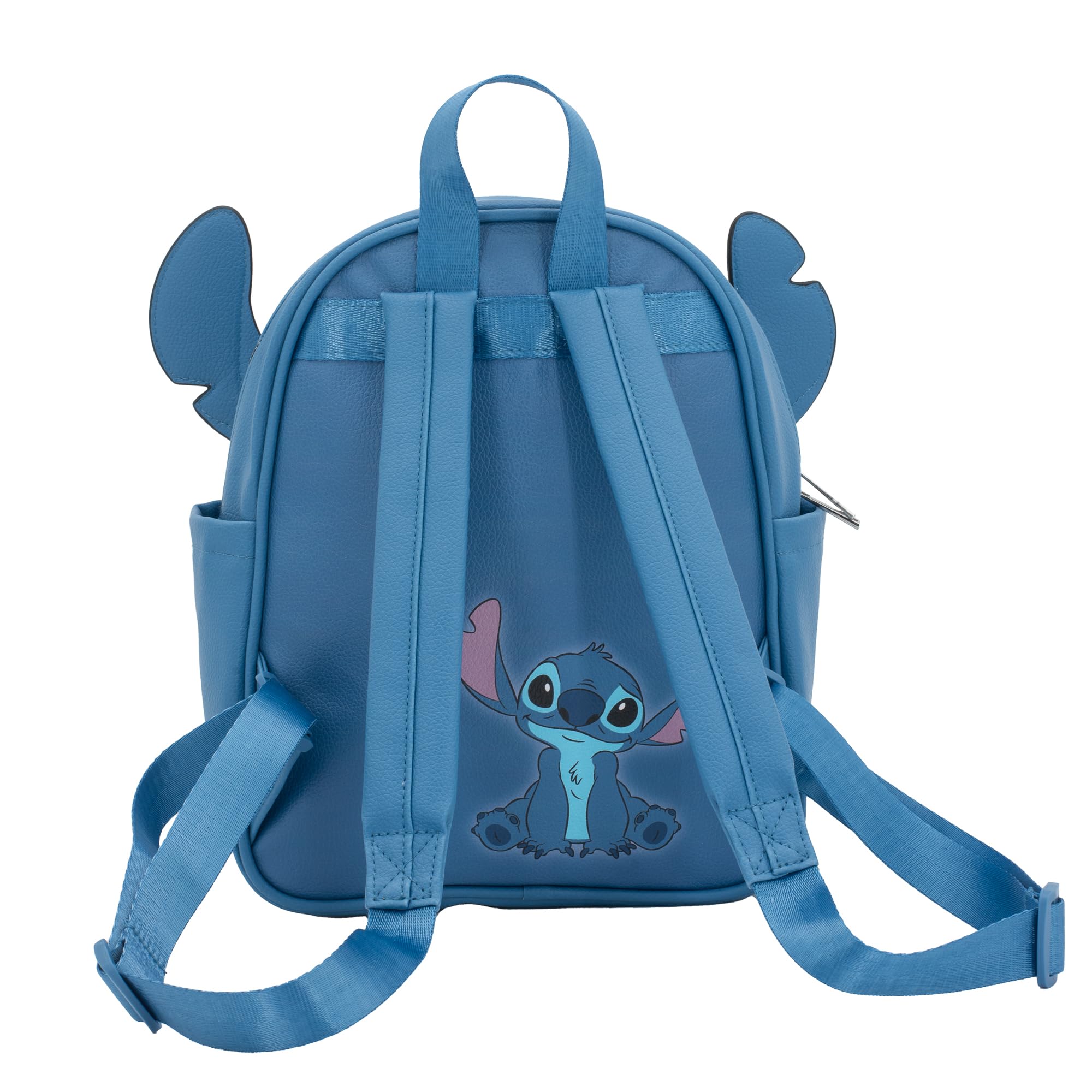 Disney Stitch Big Face Mini PU Backpack Purse, Shoulder Bag with Epoxy Filled Metal Scrump Charm, 10.5 Inch, Adjustable Straps, Faux Leather