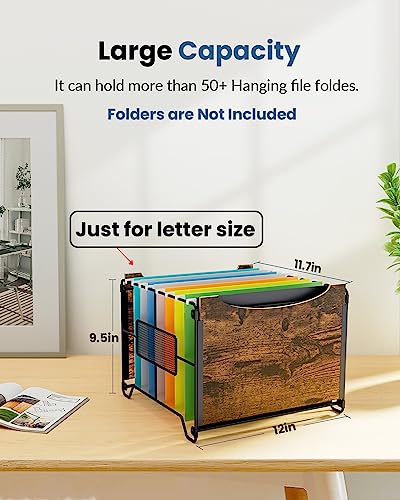 Oterri Hanging file box,Large Hanging File Organizer, Rustic Wood & Metal File Storage Organizer, Letter Size Hanging File Holder, Brown Filing Crate for Office&School (No Folders)