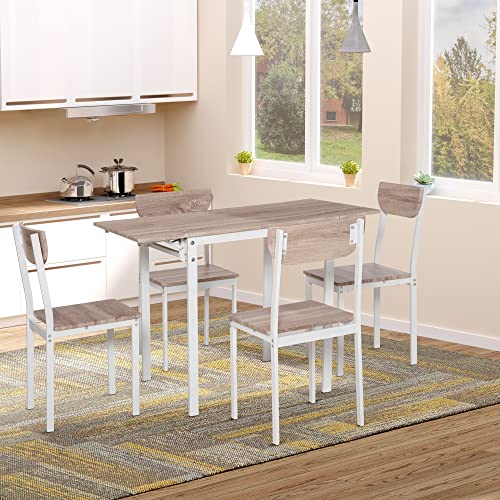 HOMCOM Modern 5-Piece Dining Table Set for 4 with Foldable Drop Leaf, 4 Chairs, and Metal Frame for Small Spaces, White