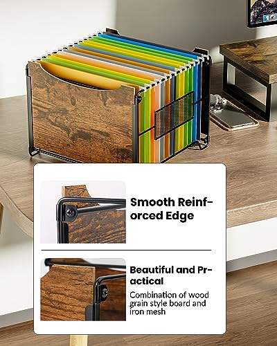 Oterri Hanging file box,Large Hanging File Organizer, Rustic Wood & Metal File Storage Organizer, Letter Size Hanging File Holder, Brown Filing Crate for Office&School (No Folders)