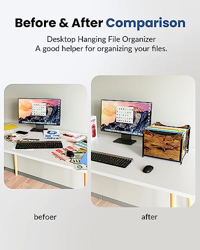 Oterri Hanging file box,Large Hanging File Organizer, Rustic Wood & Metal File Storage Organizer, Letter Size Hanging File Holder, Brown Filing Crate for Office&School (No Folders)
