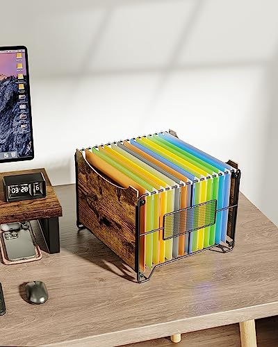 Oterri Hanging file box,Large Hanging File Organizer, Rustic Wood & Metal File Storage Organizer, Letter Size Hanging File Holder, Brown Filing Crate for Office&School (No Folders)