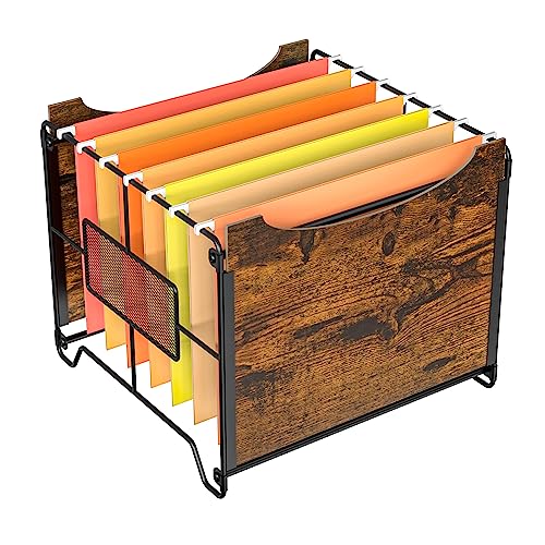 Oterri Hanging file box,Large Hanging File Organizer, Rustic Wood & Metal File Storage Organizer, Letter Size Hanging File Holder, Brown Filing Crate for Office&School (No Folders)