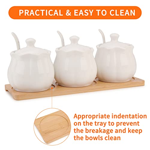 Sugar Bowls Set, Kitchenexus Condiment Jars Pots Set with Lids and Spoons Ceramic Salt Pepper Box Container, Canister Seasoning Box with Bamboo Tray 8.8 ounce/260 ml White