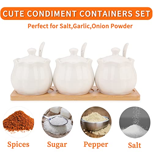 Sugar Bowls Set, Kitchenexus Condiment Jars Pots Set with Lids and Spoons Ceramic Salt Pepper Box Container, Canister Seasoning Box with Bamboo Tray 8.8 ounce/260 ml White