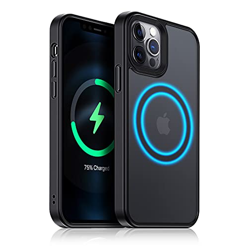 Meifigno Magnetic Case Designed for iPhone 12/iPhone 12 Pro Case 6.1 Inch, [Military Grade Protection & Compatible with MagSafe], Translucent Matte Back with Soft Silicone Edge, Black