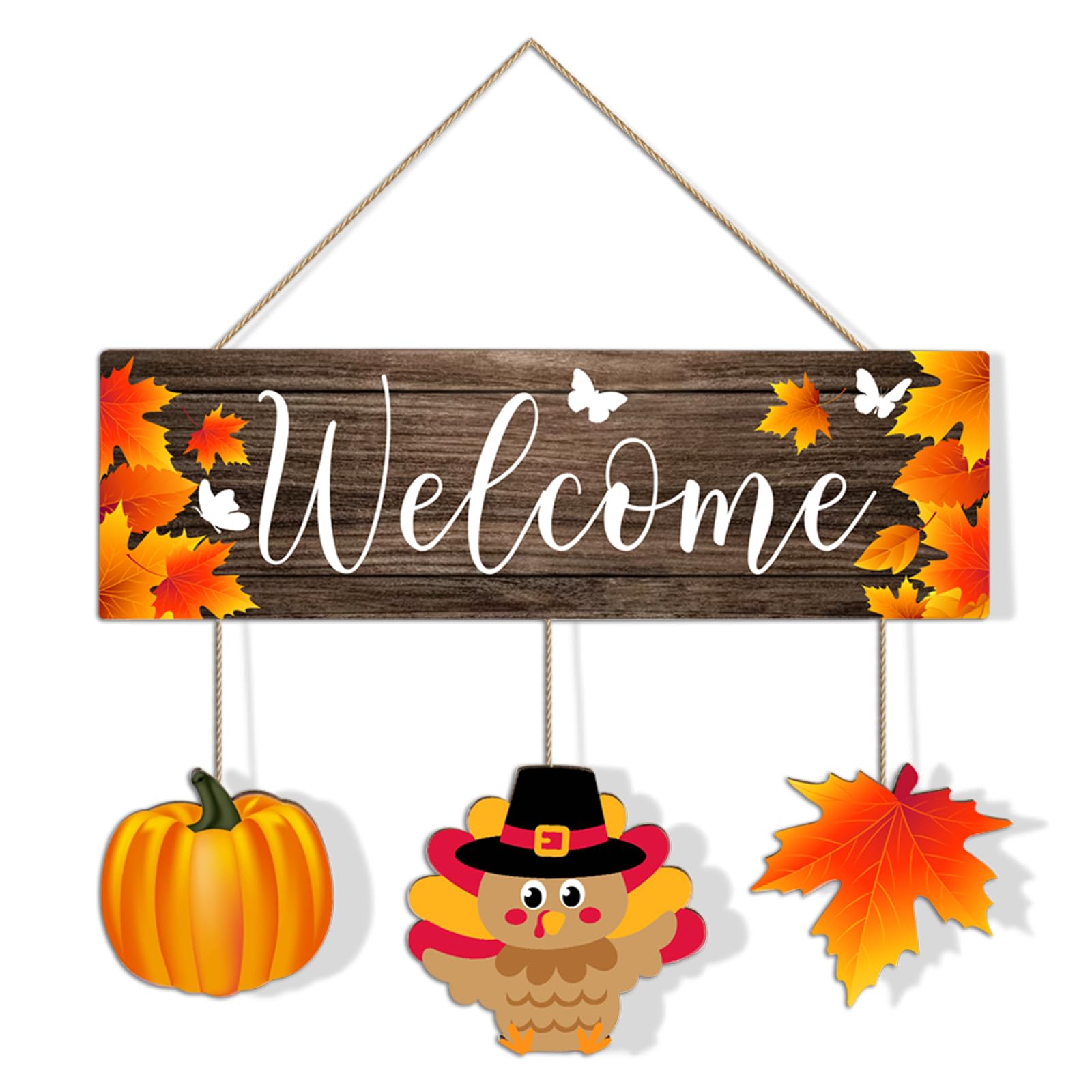 Thanksgiving Door Sign,Thanksgiving Turkey Hanger for Front Door,Fall Turkey Pumpkin Welcome Hanging Decorations, Thanksgiving Day Autumn Wooden Wreath Wood Plaque for Fall Harvest Party Decor