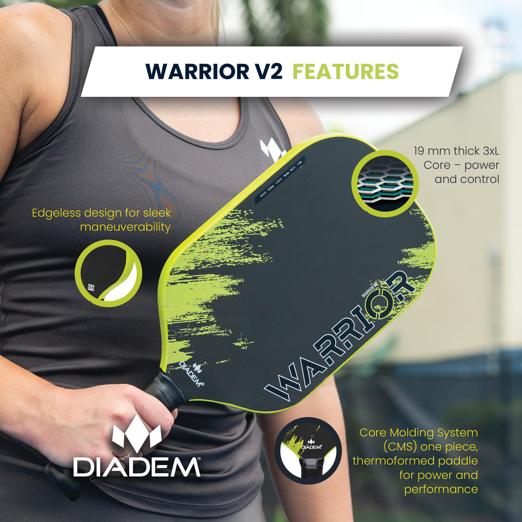 Diadem Warrior V2 Pickleball Paddle β Liquid Carbon Fiber Edgeless Design, Etched Face for Lasting Spin, 19MM Thick, 3 Layer Construction (Yellow)