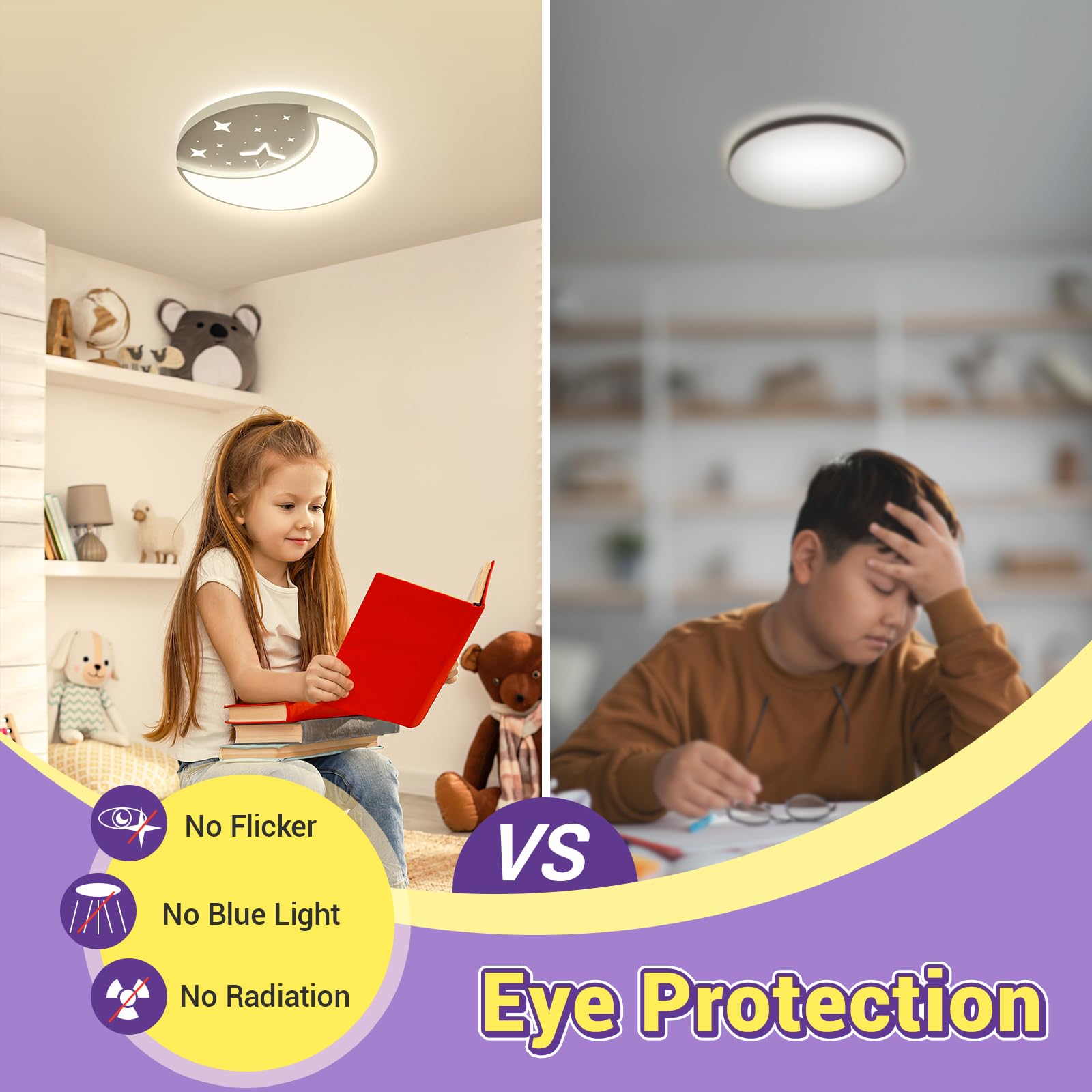15.75 Inch Flush Mount Ceiling Light for Kids, 30W Large Modern LED Ceiling Lights, 3000K/4500K/6500K Selectable, Moon and Star Ceiling Light Fixture for Bedroom Children's Room Nursery Playroom