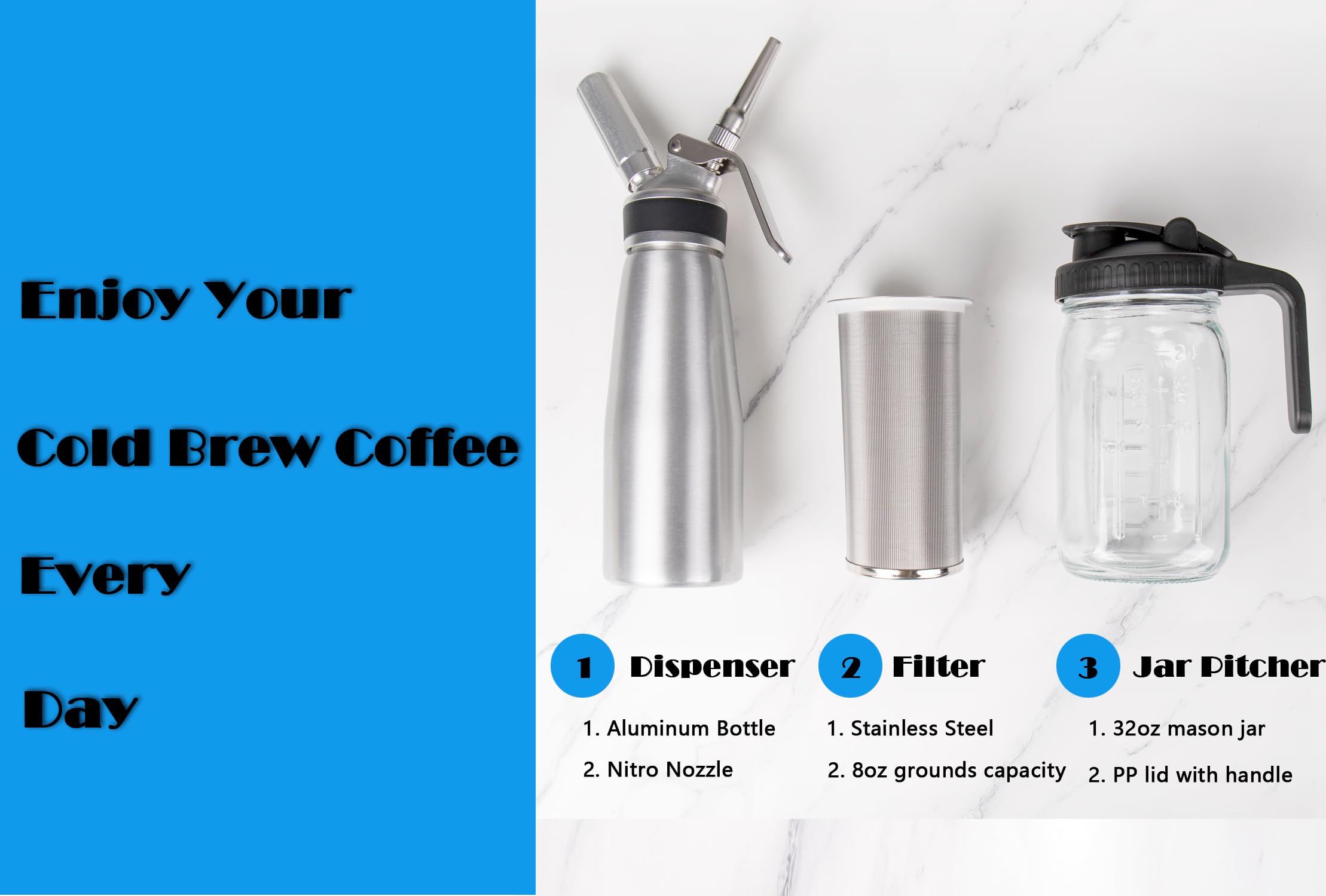 JILLMO Nitro Cold Brew Coffee Maker, 32oz Mason Jar Cold Brew Pithcer, Aluminum Dispenser Bottle with Nitro Diffuser Nozzle, N2 Cartridges NOT INCLUDED.