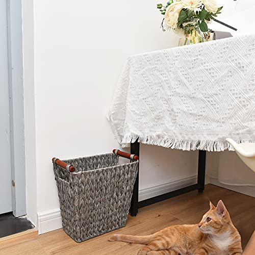 GRANNY SAYS Woven Waste Basket, 5 Gallons/19 Liters, Gray Wicker Basket with Wood Handles, Wicker Waste Basket for Bathroom Living Room, 1-Pack, 13" x 7 ½" x 12 ½"