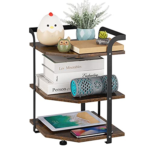 Liheya 3 Tier Kitchen Corner Shelf Organizer Rustic Cabinet Countertop Spice Storage Rack Stand, Bathroom Corner Shelves Caddy Bench Display Shelf, Rustic Brown
