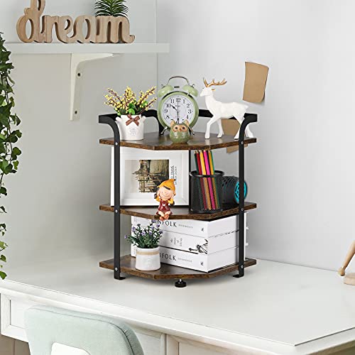Liheya 3 Tier Kitchen Corner Shelf Organizer Rustic Cabinet Countertop Spice Storage Rack Stand, Bathroom Corner Shelves Caddy Bench Display Shelf, Rustic Brown
