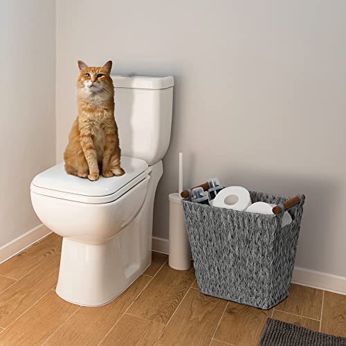 GRANNY SAYS Woven Waste Basket, 5 Gallons/19 Liters, Gray Wicker Basket with Wood Handles, Wicker Waste Basket for Bathroom Living Room, 1-Pack, 13" x 7 ½" x 12 ½"