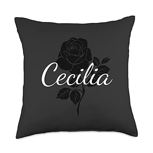 Custom Cecilia Gifts & Designs for Girls Cecilia-Custom Black Rose Gray Floral Personalized Throw Pillow, 18x18, Multicolor
